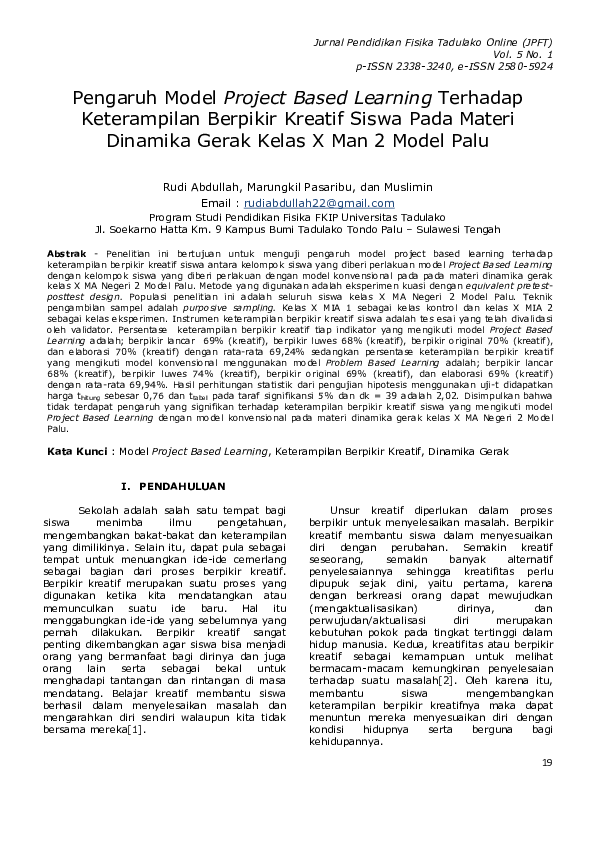 (PDF) Pengaruh Model Project Based Learning Terhadap Keterampilan Berpikir Kreatif Siswa Pada ...