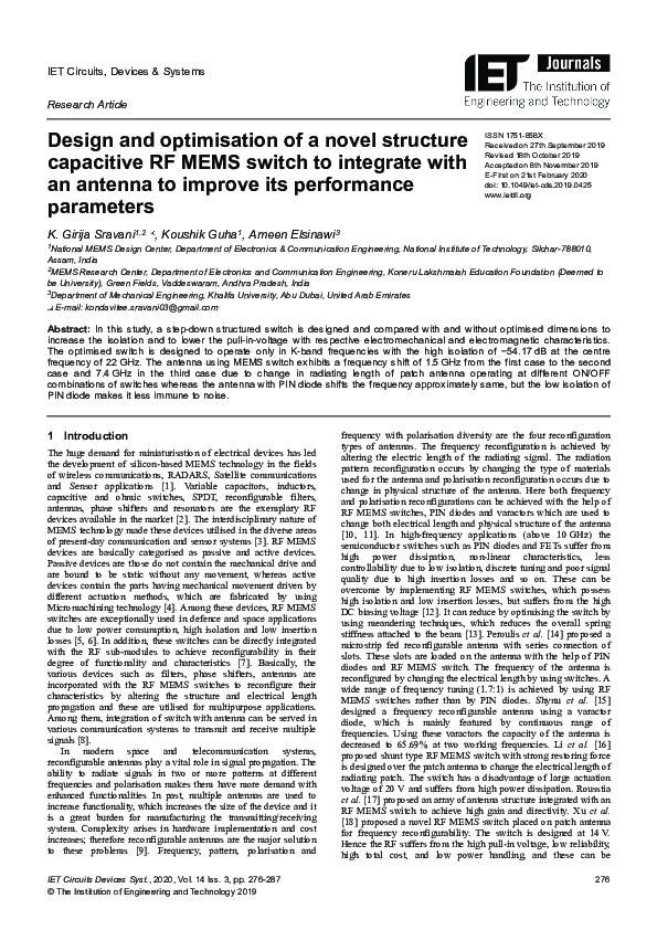 Pdf Design And Optimization Of A Novel Structure Capacitive Rf Mems Switch To Integrate With