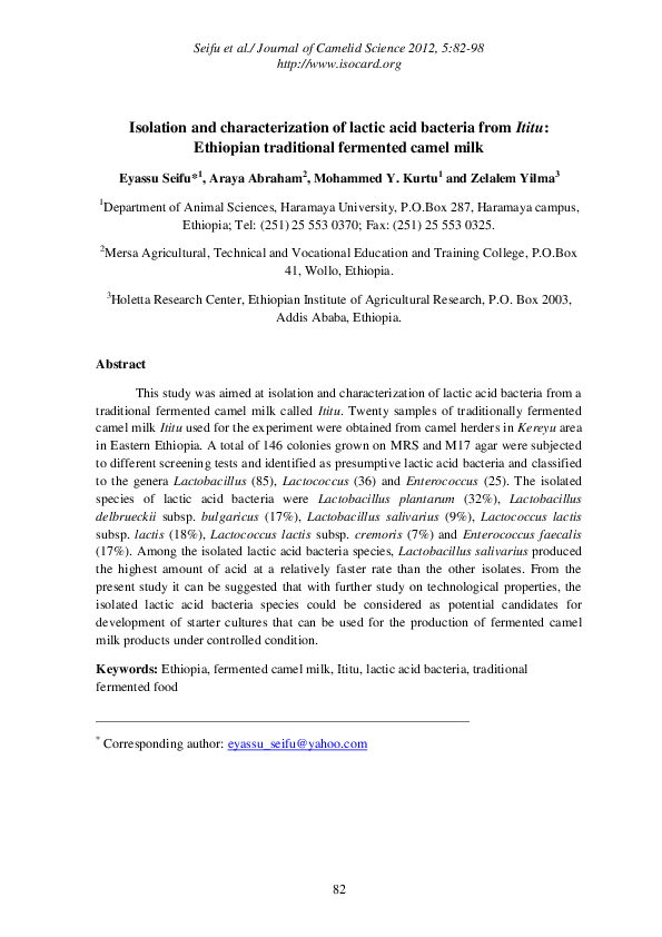 (PDF) Isolation and characterization of lactic acid bacteria from Ititu: Ethiopian traditional ...