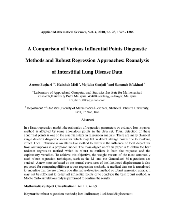 (PDF) A comparison of various influential points diagnostic methods and robust regression ...