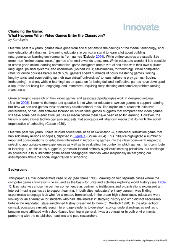 (PDF) Changing the game: What happens when video games enter the classroom