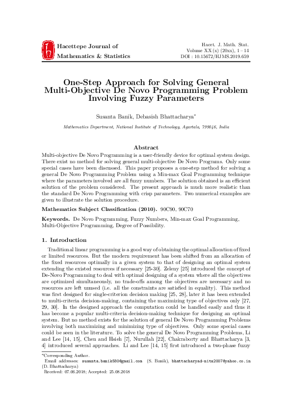 Pdf One Step Approach For Solving General Multi Objective De Novo Programming Problem