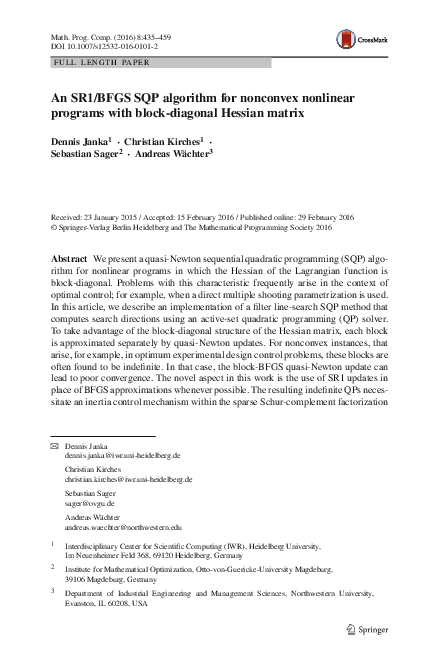 Pdf An Sr1bfgs Sqp Algorithm For Nonconvex Nonlinear Programs With Block Diagonal Hessian Matrix 9436