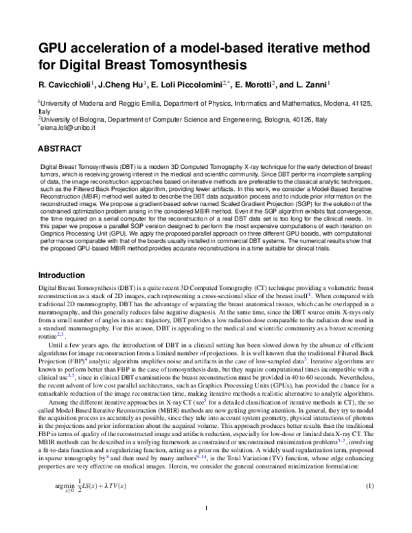 Pdf Gpu Acceleration Of A Model Based Iterative Method For Digital Breast Tomosynthesis