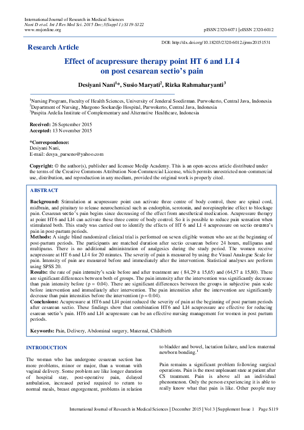 (PDF) Effect of acupressure therapy point HT 6 and LI 4 on post ...