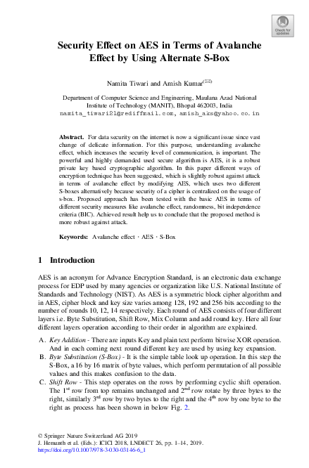 (PDF) Security Effect on AES in Terms of Avalanche Effect by Using Alternate S-Box