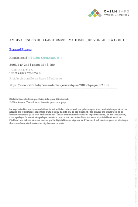 (PDF) Ambivalences du classicisme : Mahomet, de Voltaire à Goethe