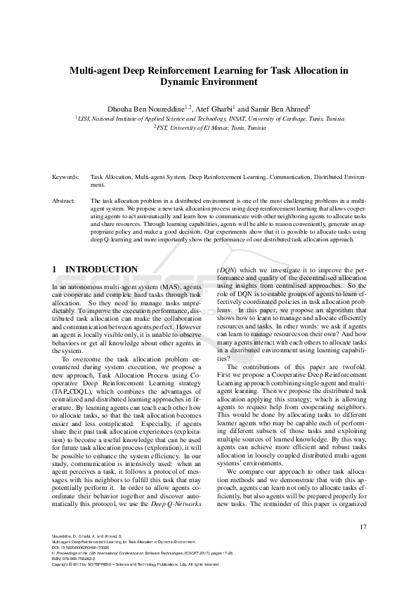 Pdf Multi Agent Deep Reinforcement Learning For Task Allocation In Dynamic Environment