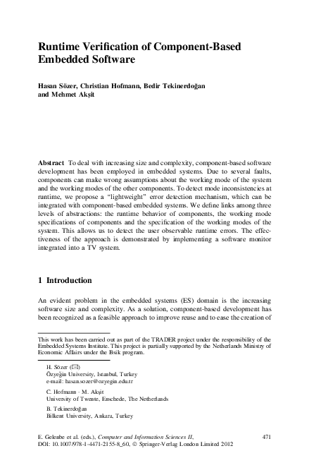 (PDF) Runtime Verification of Component-Based Embedded Software | Bedir Tekinerdogan - Academia.edu