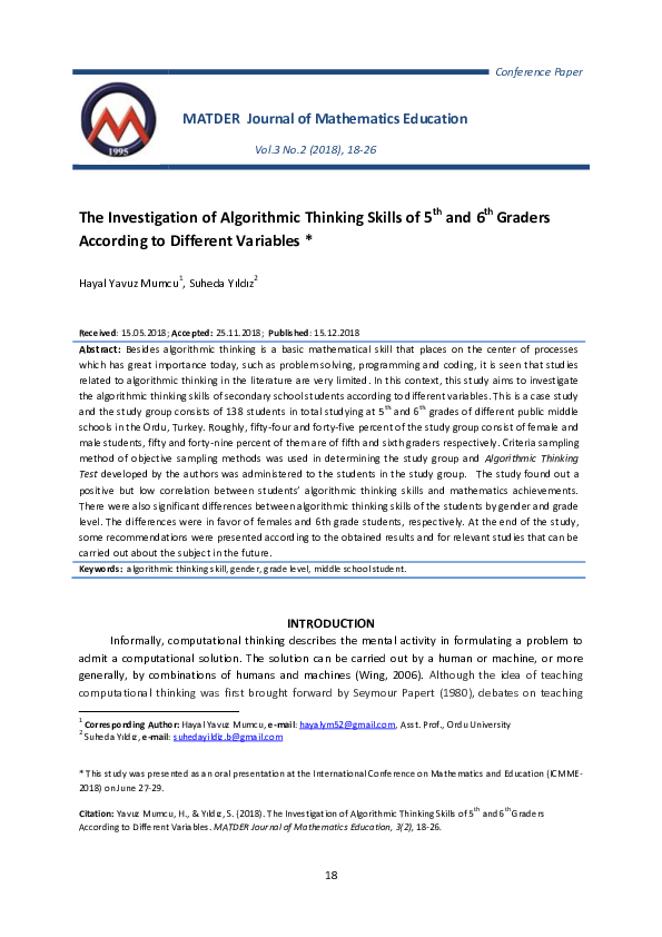 (PDF) The Investigation of Algorithmic Thinking Skills of 5th and 6th ...
