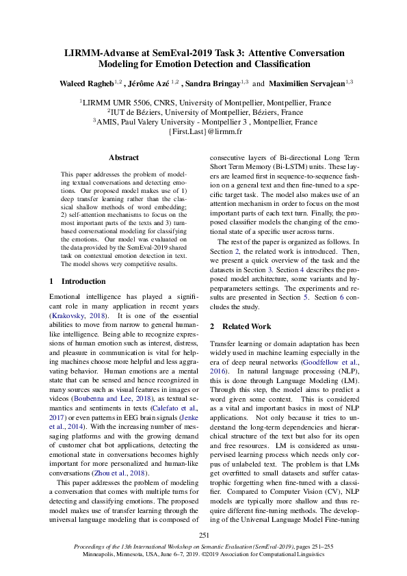 (PDF) LIRMM-Advanse at SemEval-2019 Task 3: Attentive Conversation Modeling for Emotion ...