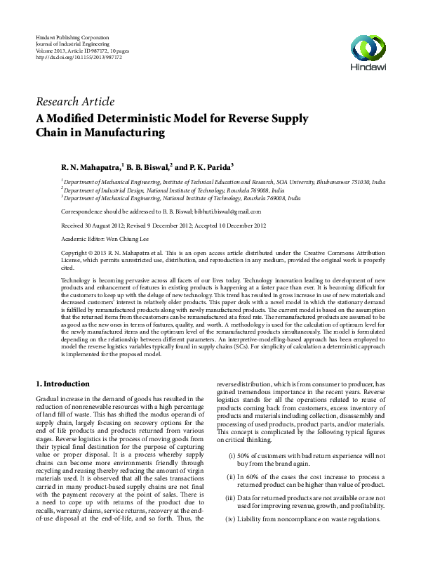 (PDF) A Modified Deterministic Model for Reverse Supply Chain in ...