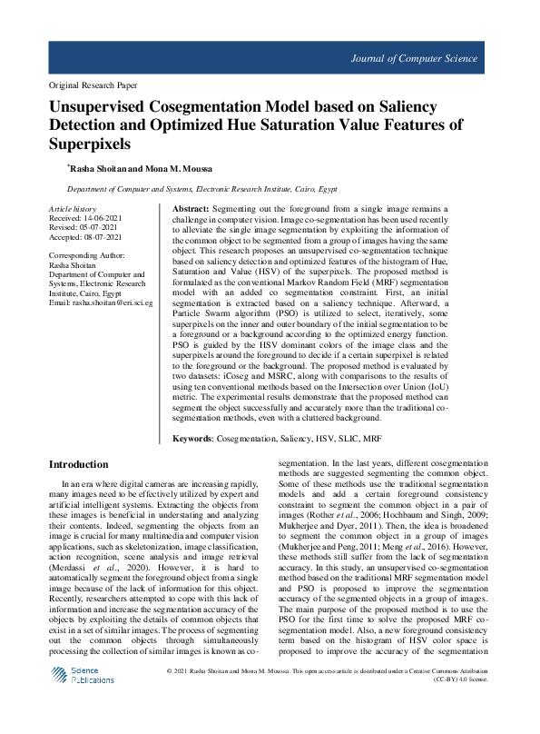 (PDF) Unsupervised Cosegmentation Model based on Saliency Detection and Optimized Hue Saturation ...