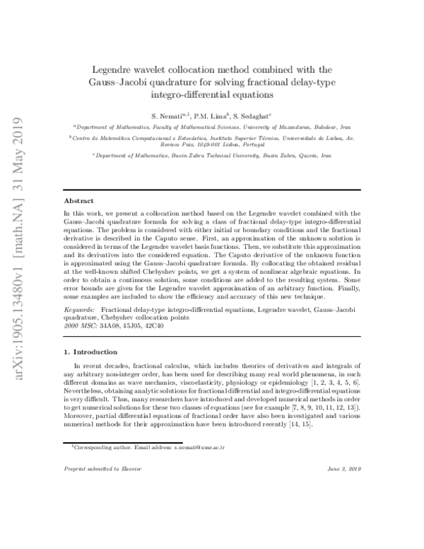 Pdf Legendre Wavelet Collocation Method Combined With The Gauss