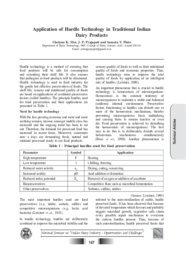 (PDF) Application of Hurdle Technology in Traditional Indian Dairy Products