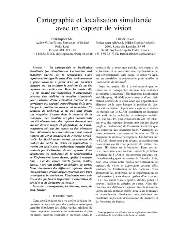(PDF) Cartographie et localisation simultanée avec un capteur de vision ...
