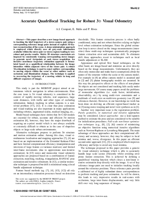 (PDF) Accurate Quadrifocal Tracking for Robust 3D Visual Odometry