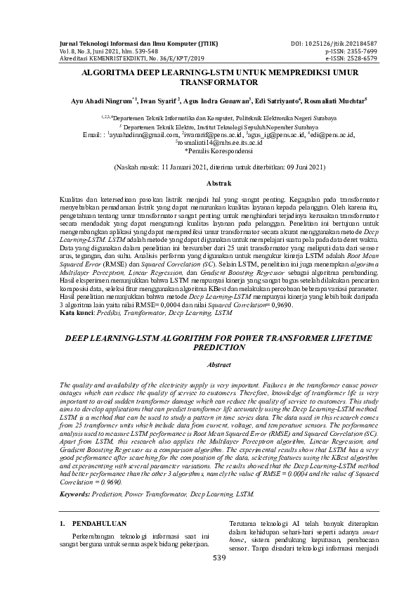 (PDF) Algoritma Deep Learning-LSTM untuk Memprediksi Umur Transformator
