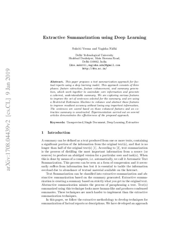 (PDF) Extractive Summarization using Deep Learning