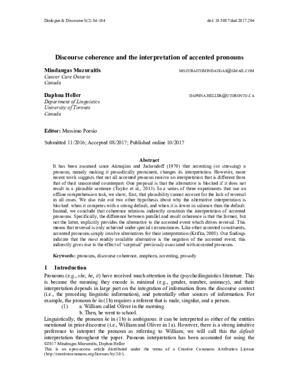 (PDF) Discourse coherence and the interpretation of accented pronouns