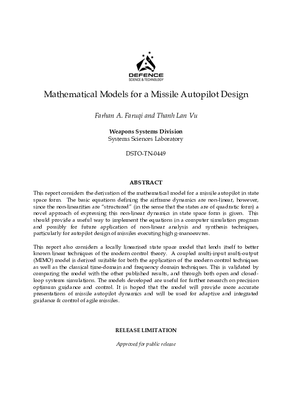 Pdf Mathematical Models For A Missile Autopilot Design