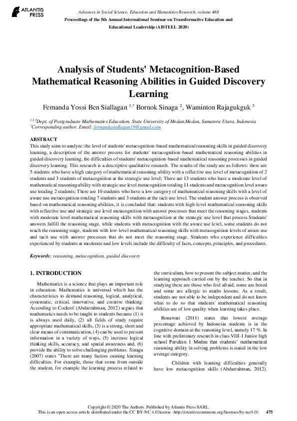 (PDF) Analysis of Students’ Metacognition-Based Mathematical Reasoning Abilities in Guided ...