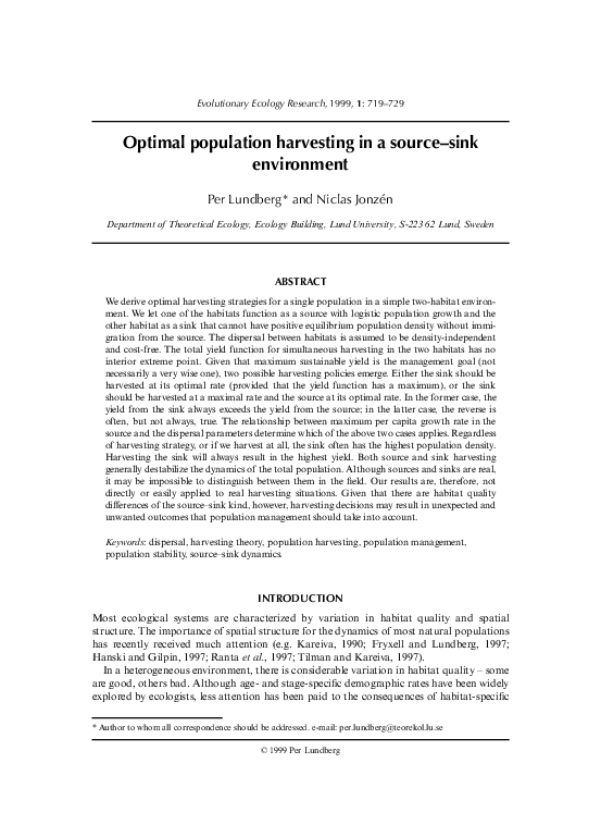 (PDF) Optimal population harvesting in a source-sink environment