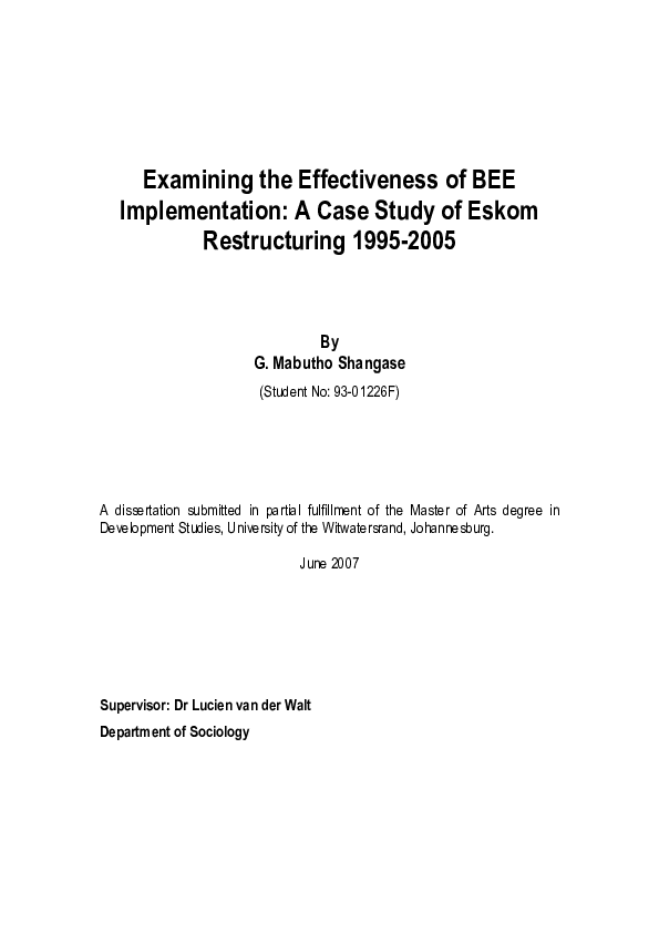 (PDF) Examining the effectiveness of BEE implementation: a case study of Eskom restructuring ...