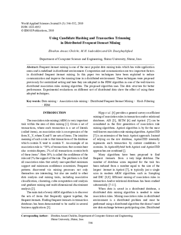 Pdf Using Candidate Hashing And Transaction Trimming In Distributed Frequent Itemset Mining 
