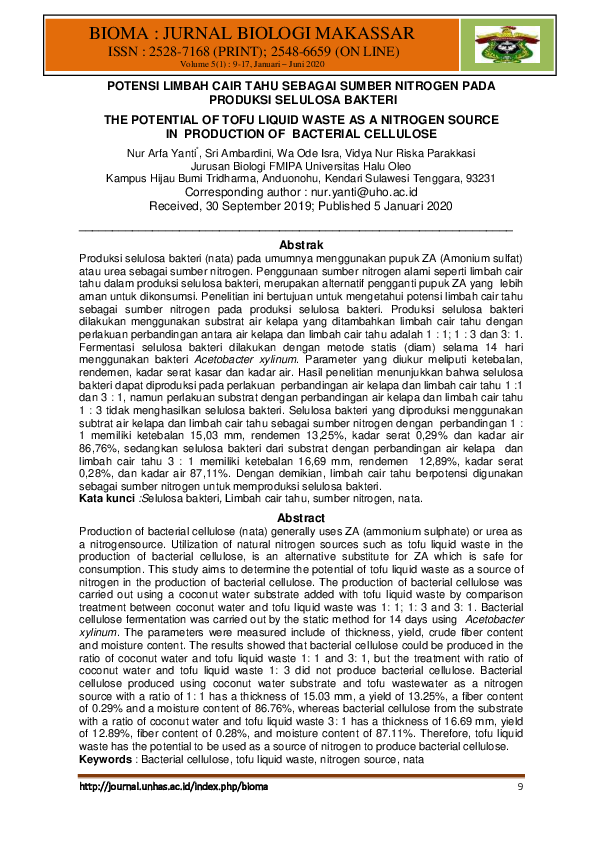 (PDF) Potensi Limbah Cair Tahu Sebagai Sumber Nitrogen Pada Produksi Selulosa Bakteri