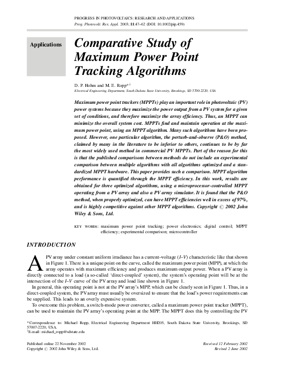 (PDF) Comparative study of maximum power point tracking algorithms