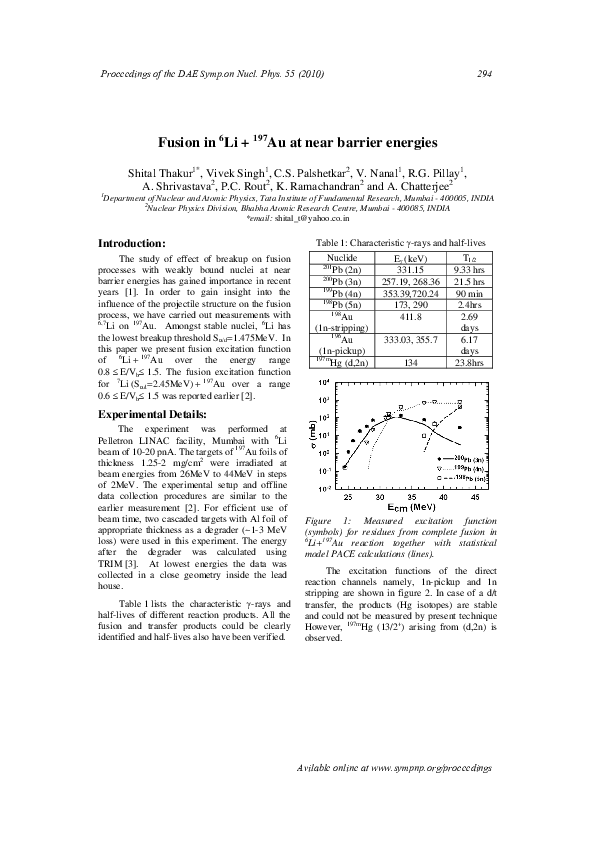 (PDF) Fusion in 6 Li + 197 Au at near barrier energies