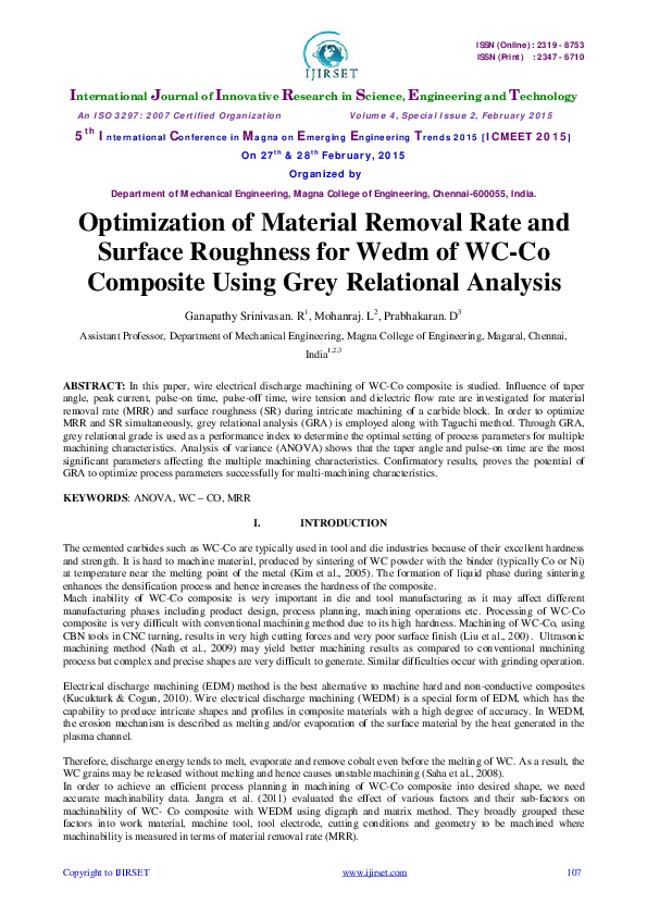 (PDF) Optimization of Material Removal Rate and Surface Roughness for WEDM of Titanium Alloy (Ti ...