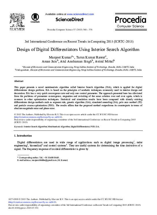 Pdf Design Of Digital Differentiators Using Interior Search Algorithm 