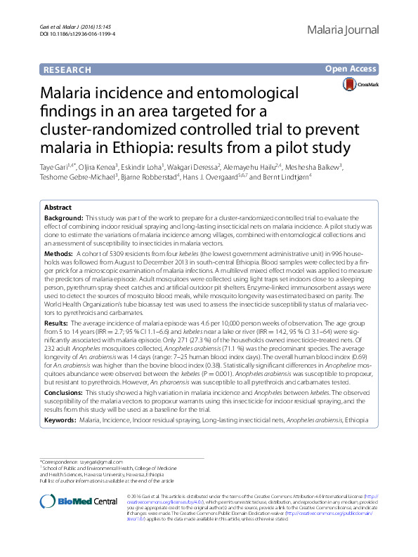 (PDF) Malaria incidence and entomological findings in an area targeted ...