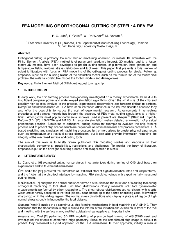 Pdf Fea Modeling Of Orthogonal Cutting Of Steel A Review