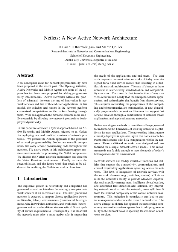 (PDF) Netlets : A New Active Network Architecture