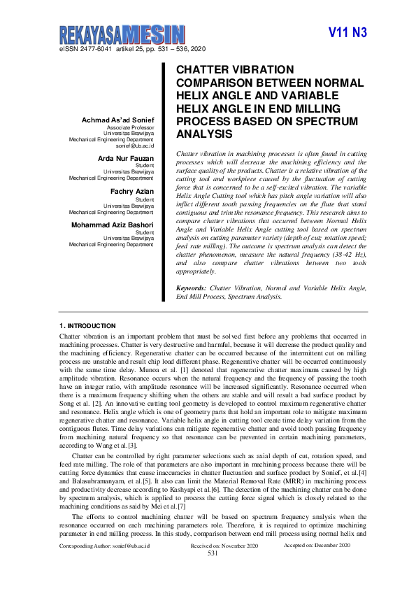 (PDF) Chatter Vibration Comparison Between Normal Helix Angle and Variable Helix Angle in End ...