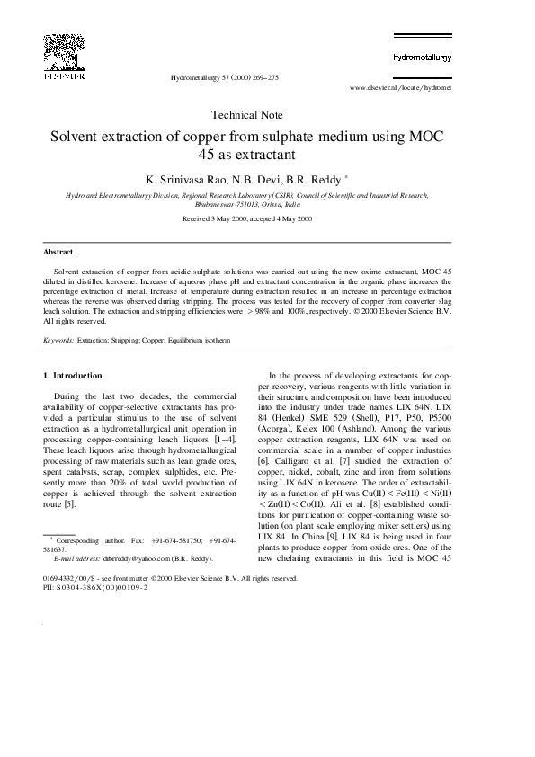 (PDF) Solvent extraction of copper from sulphate medium using MOC 45 as ...