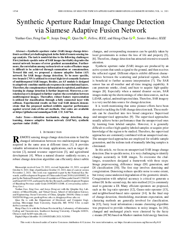 (PDF) Synthetic Aperture Radar Image Change Detection via Siamese Adaptive Fusion Network