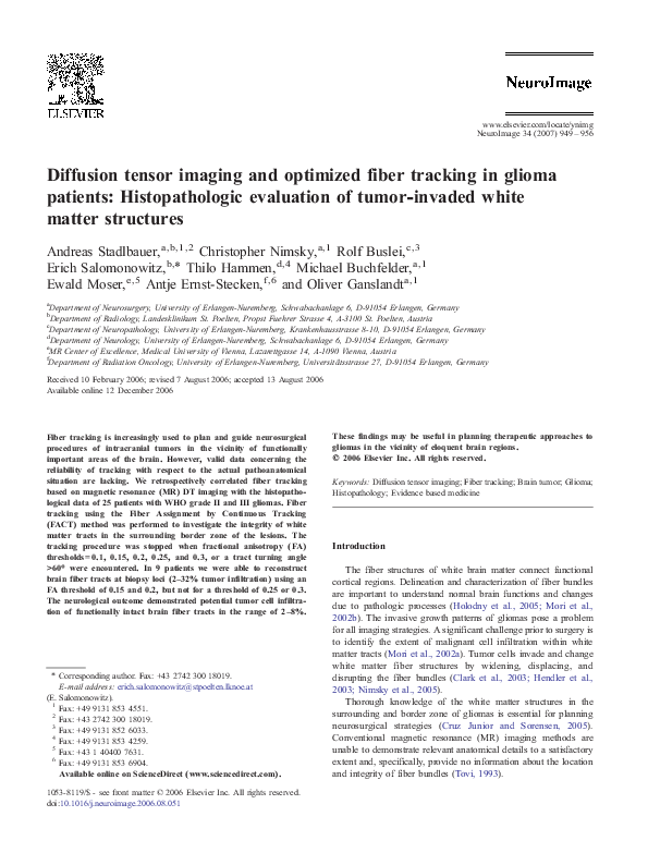 (PDF) Diffusion tensor imaging and optimized fiber tracking in glioma patients: Histopathologic ...