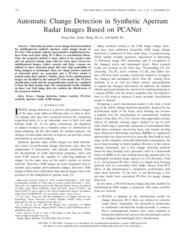 (PDF) Automatic Change Detection in Synthetic Aperture Radar Images Based on PCANet