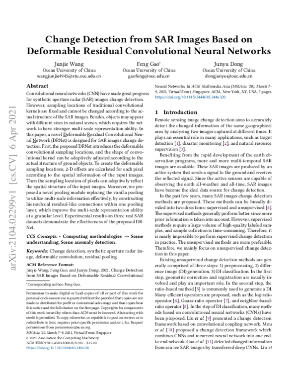 (PDF) Change detection from SAR images based on deformable residual convolutional neural networks