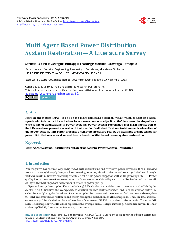 (PDF) Multi Agent Based Power Distribution System Restoration—A Literature Survey