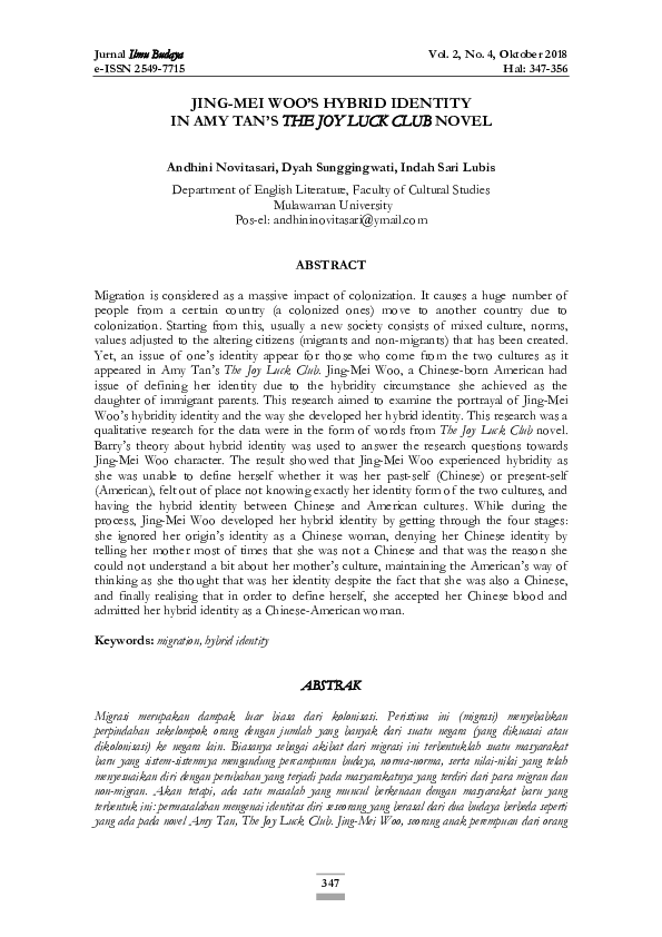 (PDF) Jing-Mei Woo’s Hybrid Identity in Amy Tan’s the Joy Luck Club Novel