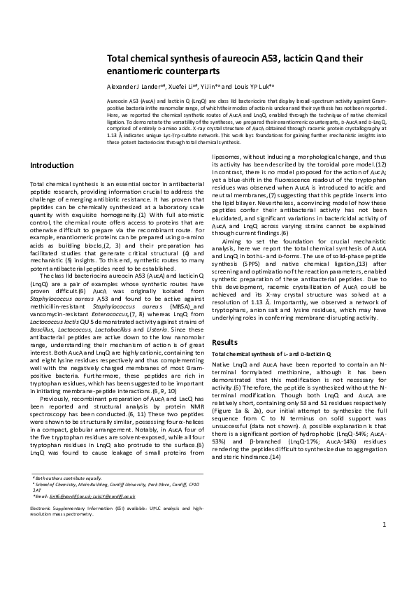 Total Chemical Synthesis of Aureocin A53, Lacticin Q and Their ...