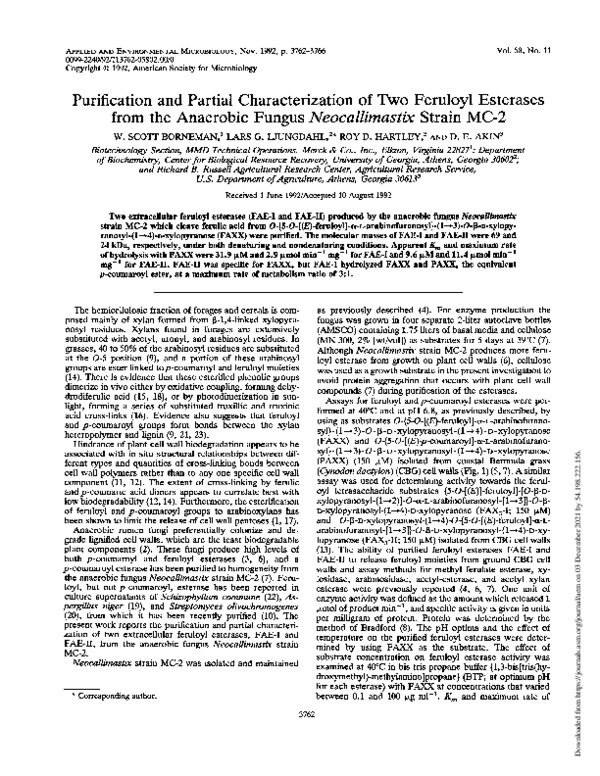 (PDF) Purification and Partial Characterization of Two Feruloyl ...