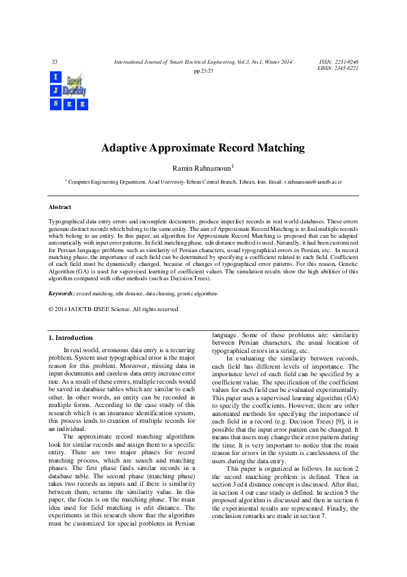 (PDF) Adaptive Approximate Record Matching | Ramin Rahnamoun - Academia.edu