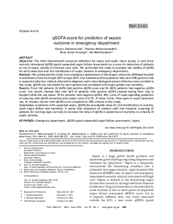 (PDF) qSOFA score for prediction of sepsis outcome in emergency department