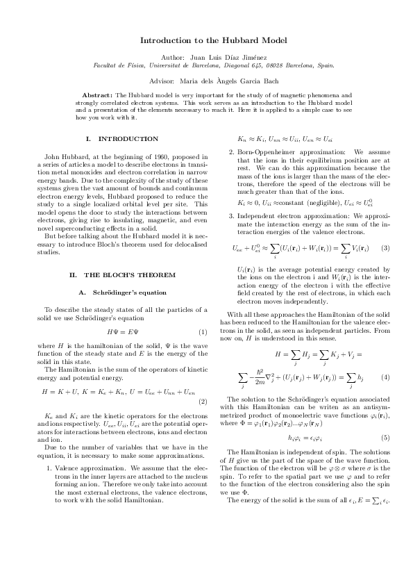 (PDF) An introduction to the Hubbard model